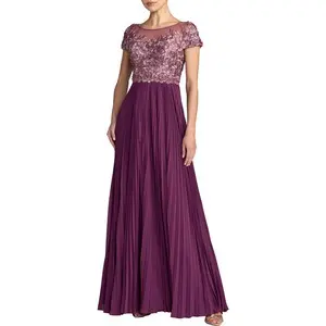 Mac Duggal Petite Embroidered Cap Sleeve Pleated Gown