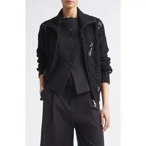 Eleventy Sequin Embellished Cable Stitch Wool Zip Cardigan - 22 Black