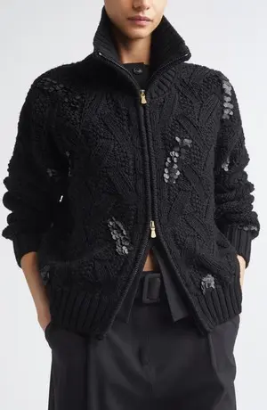 Eleventy Sequin Embellished Cable Stitch Wool Zip Cardigan