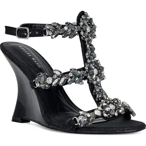 AZALEA WANG Porceline Wedge Sandal With Floral Rhinestone Embellishments - Black