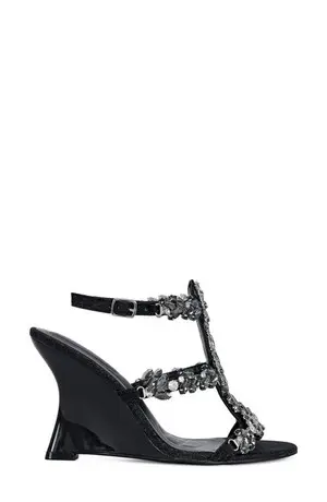 AZALEA WANG Porceline Wedge Sandal With Floral Rhinestone Embellishments - Black