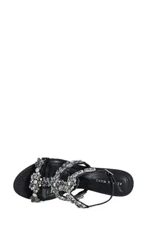AZALEA WANG Porceline Wedge Sandal With Floral Rhinestone Embellishments - Black