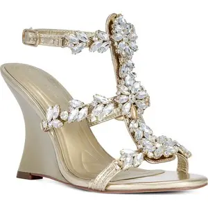 AZALEA WANG Porceline Wedge Sandal With Floral Rhinestone Embellishments - Gold