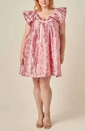Endless Rose Floral Jacquard Babydoll Minidress - Pink