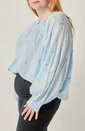 English Factory Embroidered Bishop Sleeve Blouse - Powder Blue