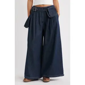 DAMSON MADDER Pleated High Waist Wide Leg Jeans - Indigo