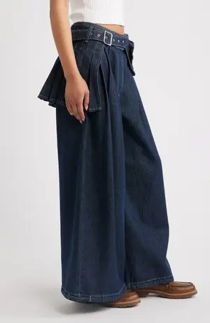 DAMSON MADDER Pleated High Waist Wide Leg Jeans - Indigo