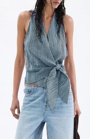 Mango Striped Halter Top With Fixed Knot - Blue