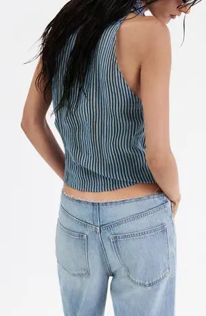 Mango Striped Halter Top With Fixed Knot - Blue