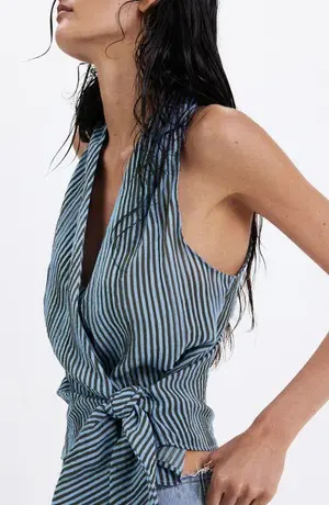 Mango Striped Halter Top With Fixed Knot - Blue
