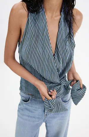 Mango Striped Halter Top With Fixed Knot - Blue
