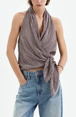 Mango Striped Halter Top With Fixed Knot - Maroon