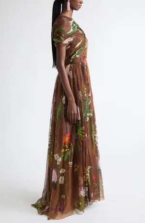 Oscar De La Renta Floral One-shoulder Silk Chiffon Gown