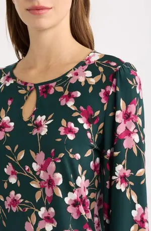 Anne Klein Floral Keyhole Long Sleeve Top