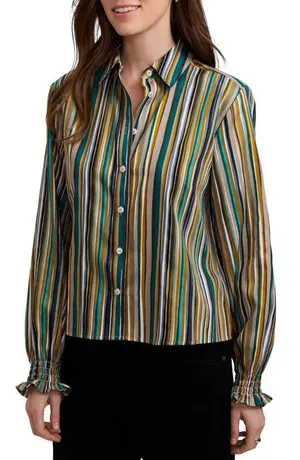Foxcroft Vivienne Stripe Cotton Poplin Button-up Shirt - Green/white Multi