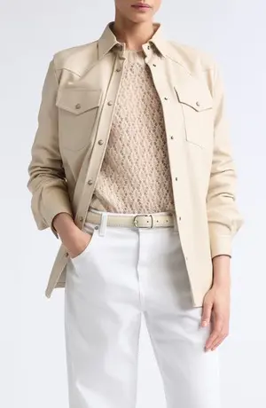 Eleventy Lambskin Leather Snap Front Shirt - 150 Cream