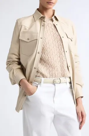 Eleventy Lambskin Leather Snap Front Shirt