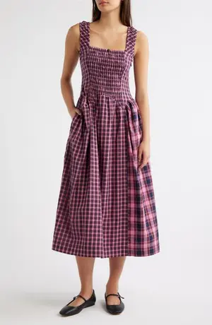 DAMSON MADDER Plaid Smocked Midi Dress