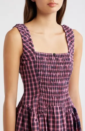 DAMSON MADDER Plaid Smocked Midi Dress