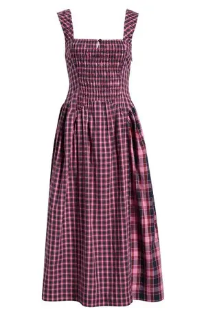 DAMSON MADDER Plaid Smocked Midi Dress
