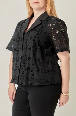 English Factory Embroidered Eyelet Cotton Camp Shirt