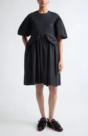 Simone Rocha Gathered Bow Puff Sleeve Cotton Dress - Black