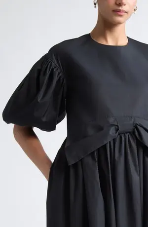 Simone Rocha Gathered Bow Puff Sleeve Cotton Dress - Black