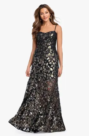Betsy & Adam Metallic Leaf Burnout Gown