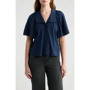 FRAME Gala Silk Short Sleeve Shirt - Navy