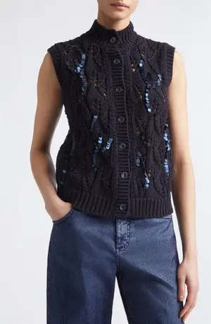 Eleventy Sequin Detail Wool Cable Sweater Vest