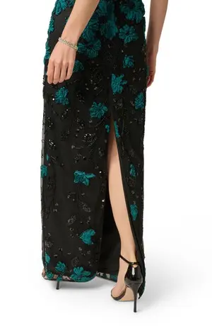 Aidan Mattox Sleeveless V-neck Gown With Floral Embroidery And Beadwork