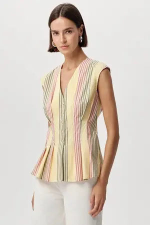 EXQUISE Biana V-neck Sleeveless Striped Pleated Waist Shirt