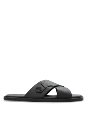 Fendi Leather Slides With Logo - Black