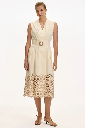 EXQUISE Sleeveless V-neck Belted Midi Dress - Cream