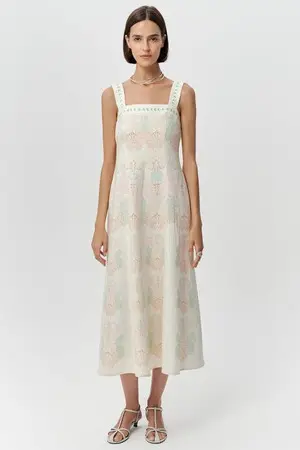 EXQUISE Elvis Square Neck Linen Midi Dress