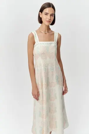 EXQUISE Elvis Square Neck Linen Midi Dress
