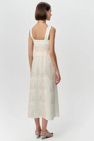 EXQUISE Elvis Square Neck Linen Midi Dress