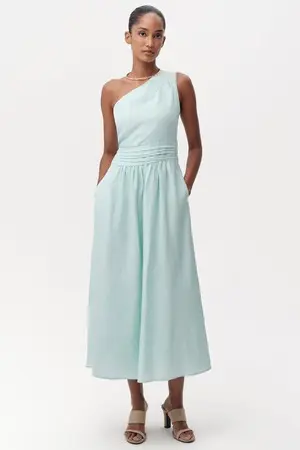 EXQUISE Asymmetrical One Shoulder Linen Blend Midi Dress - Blue