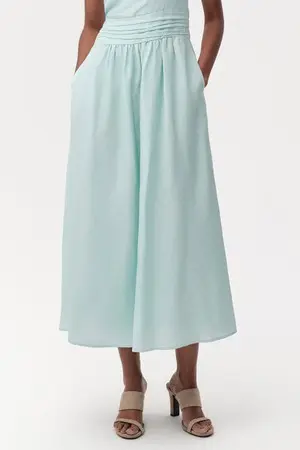 EXQUISE Asymmetrical One Shoulder Linen Blend Midi Dress - Blue