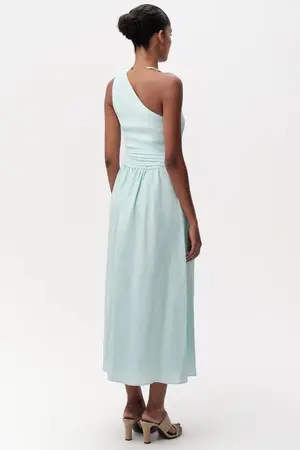 EXQUISE Asymmetrical One Shoulder Linen Blend Midi Dress - Blue