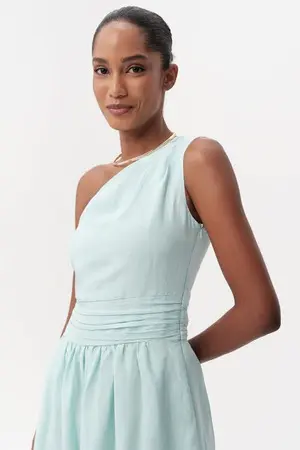 EXQUISE Asymmetrical One Shoulder Linen Blend Midi Dress - Blue