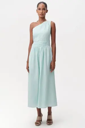 EXQUISE Asymmetrical One Shoulder Linen Blend Midi Dress - Blue