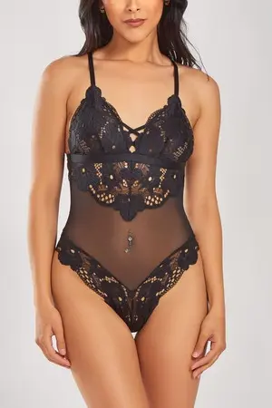 ICOLLECTION Soft Cup Lace & Mesh Teddy - Black