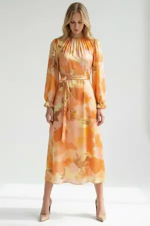 EXQUISE Crew Neck Long Sleeve Printed Midi Dress - Orange