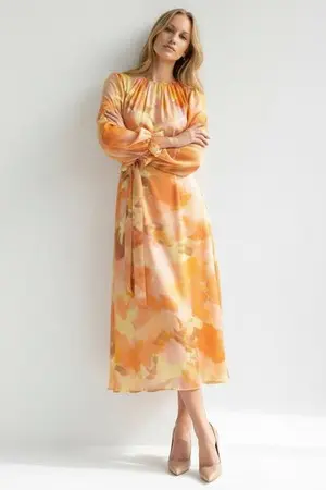 EXQUISE Crew Neck Long Sleeve Printed Midi Dress