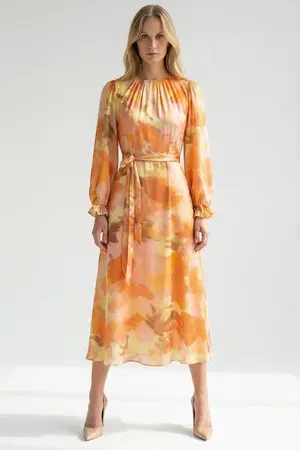 EXQUISE Crew Neck Long Sleeve Printed Midi Dress