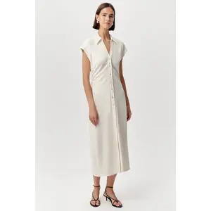 EXQUISE Ursula Collared Gathered Waist Knit Midi Dress - Bone