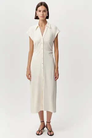 EXQUISE Ursula Collared Gathered Waist Knit Midi Dress