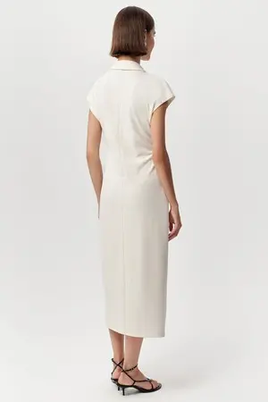 EXQUISE Ursula Collared Gathered Waist Knit Midi Dress
