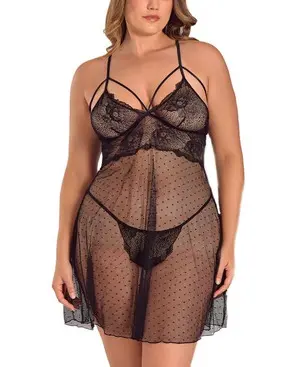 ICOLLECTION Romantic Lace Soft Cup Babydoll & Panty Set - Black